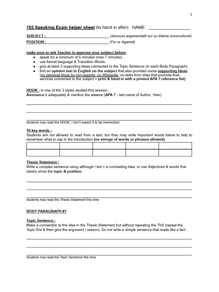 102 Speaking Exam Helper Sheet | PDF | Sleep | Subject (Grammar)