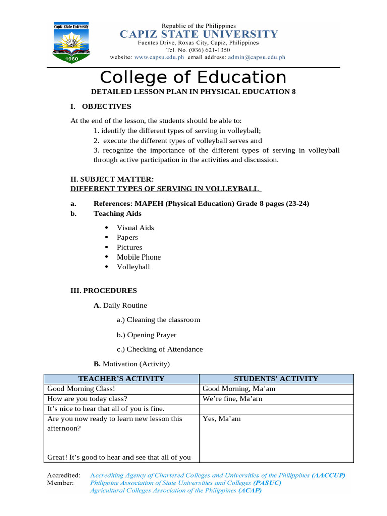 Lesson Plan in Volleyball 28 | PDF | Volleyball | Lesson Plan
