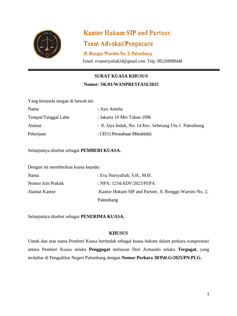 Surat Kuasa Khusus Wanprestasi | PDF