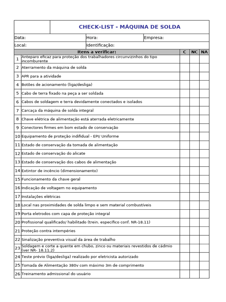 Check List Máquina de Solda | PDF | Eletricidade | Engenharia Elétrica