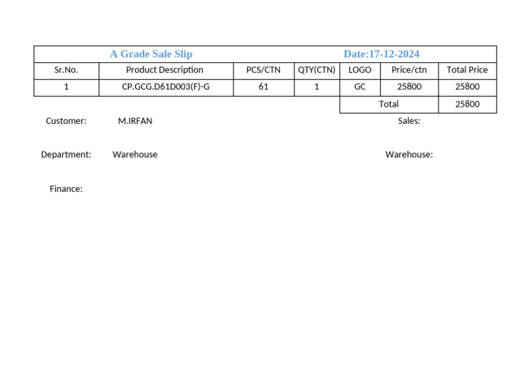 A Grade Sale Slip for M. Irfan | PDF
