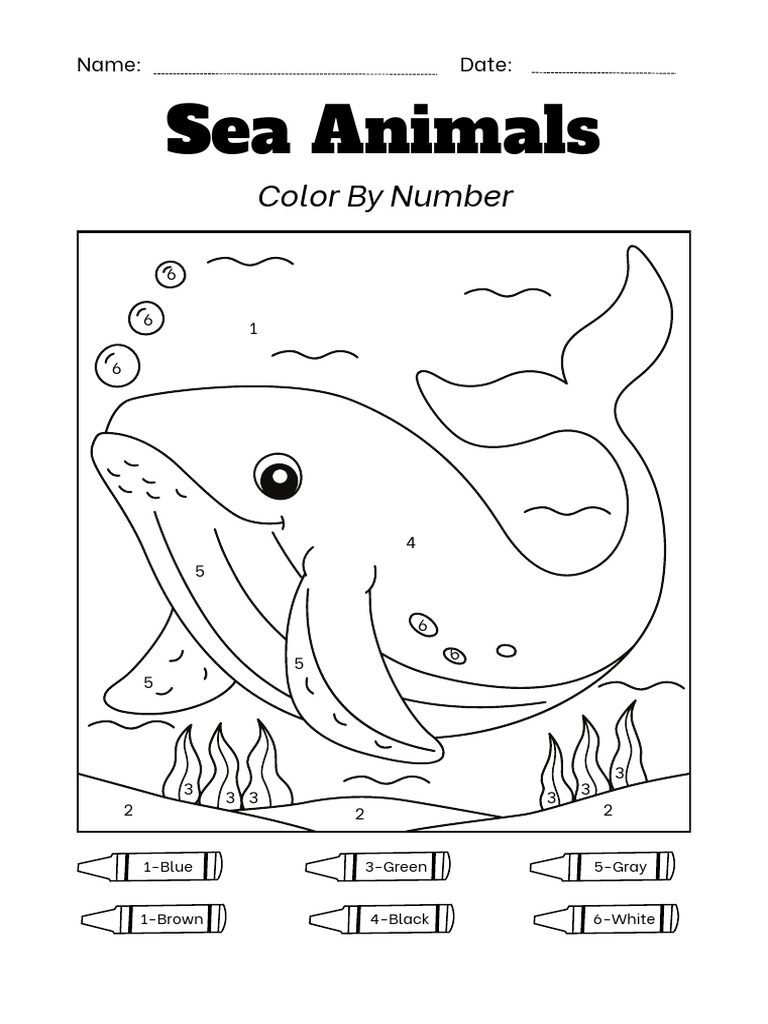 Sea Animals Color by Number Worksheet Black and White Printable Style | PDF