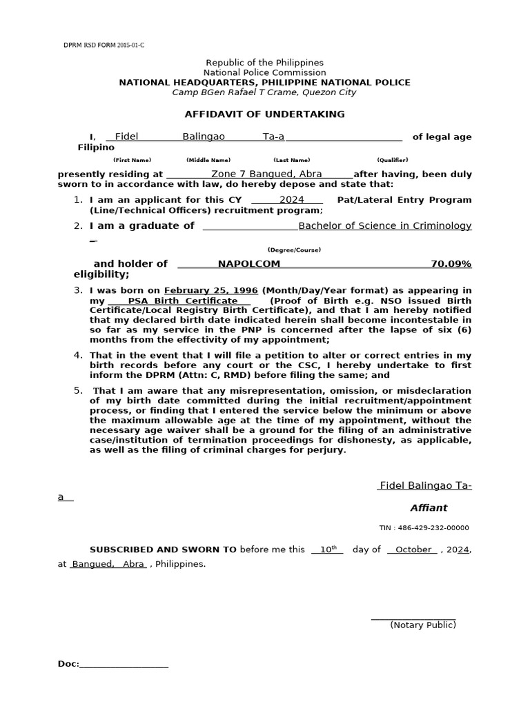 PNP Recruitment Affidavit 2024 | PDF | Affidavit | Legal Procedure