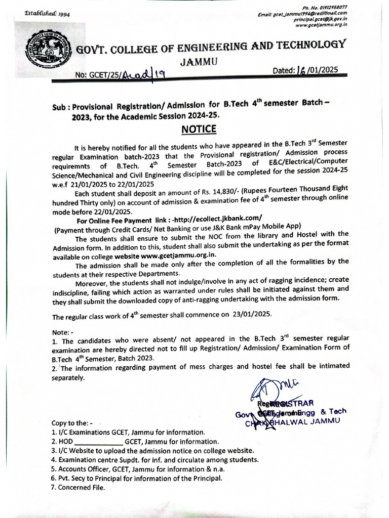 Admission Notice B.Tech 4th Sem - 2023 | PDF