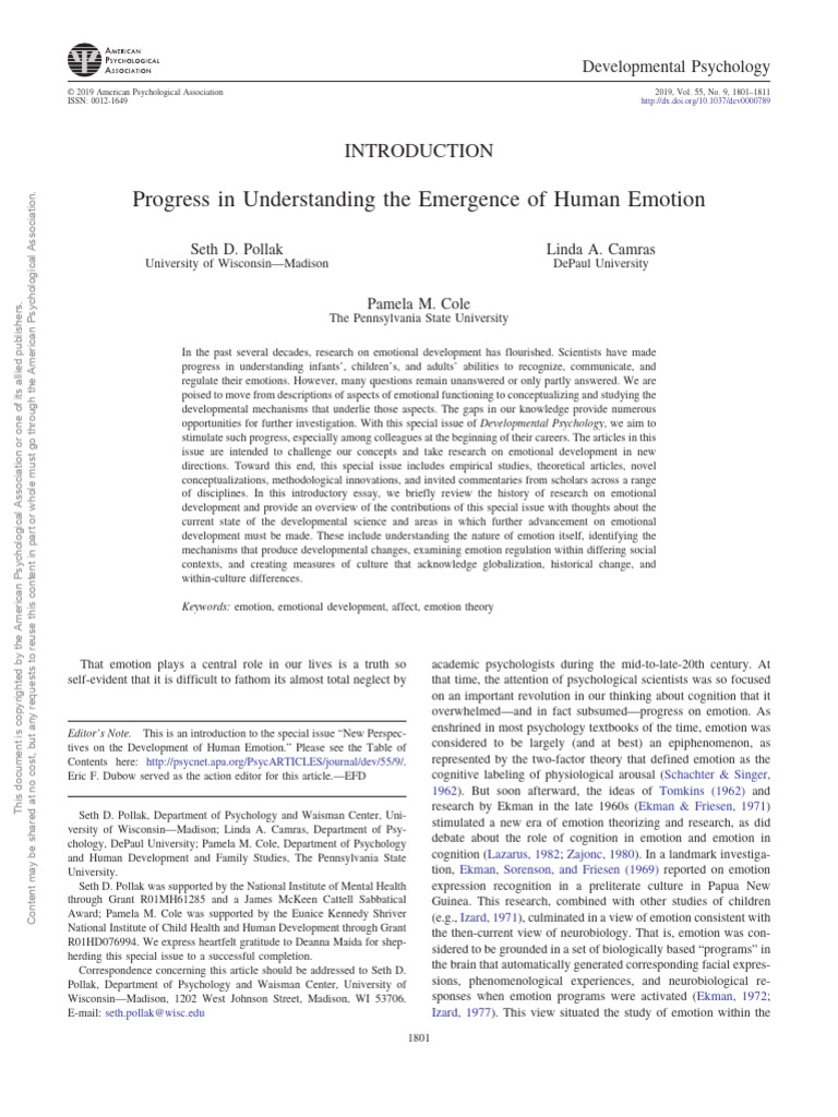 Progress in Understanding The Emergence of Human Emotion: Seth D ...