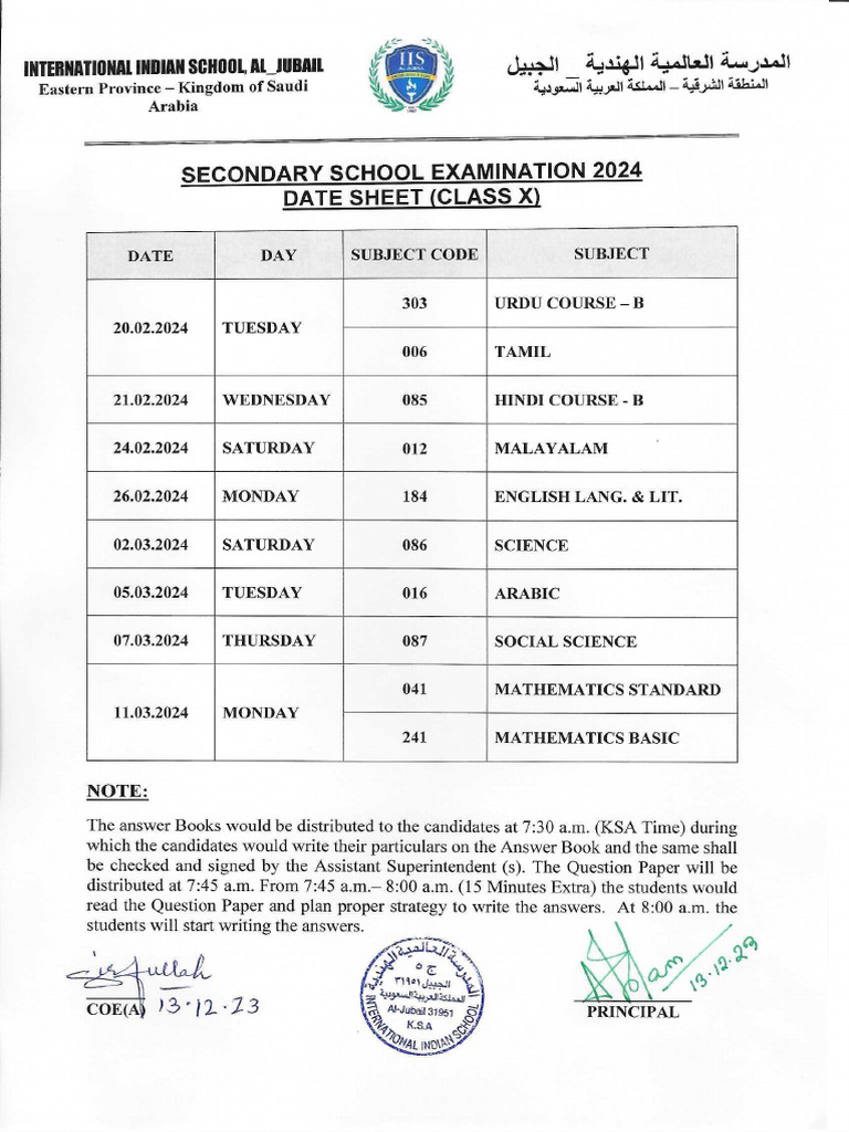 Cbse Board Exam Timetable - Class X - 2023-24 | PDF