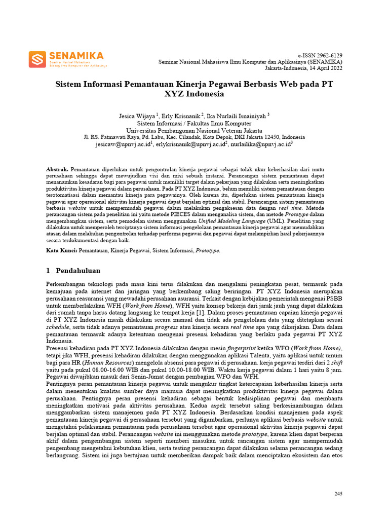 Sistem Informasi Pemantauan Kinerja Pegawai Berbasis Web Pada PT XYZ Indonesia | PDF