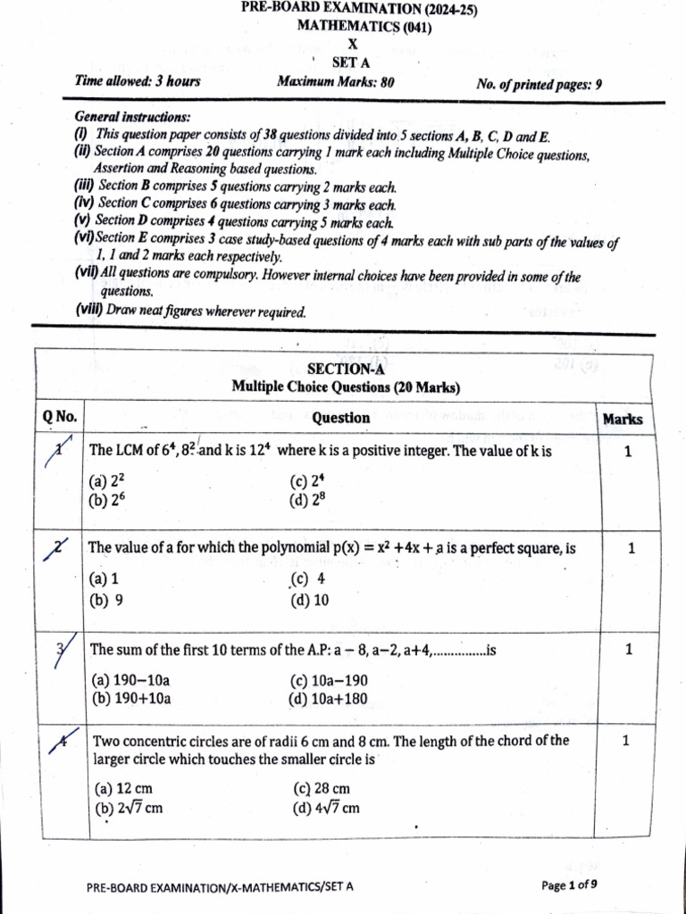 Class x Maths Pre-board School Question Paper | PDF