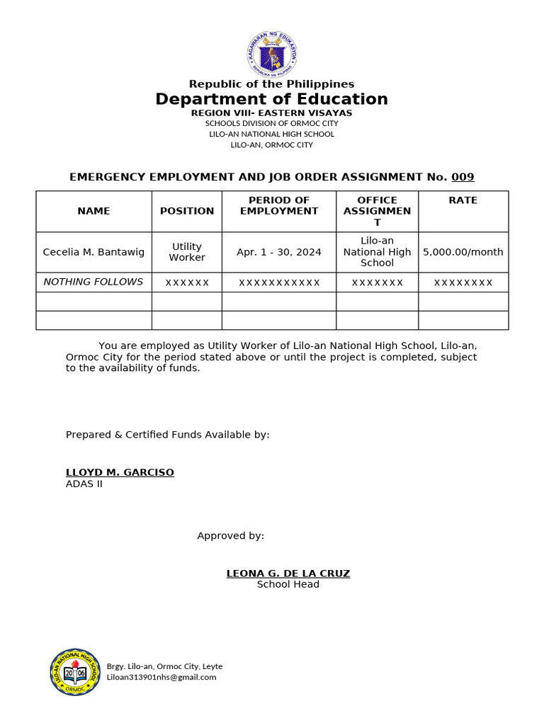 Job Assignment for Utility Worker at Lilo-an HS | PDF