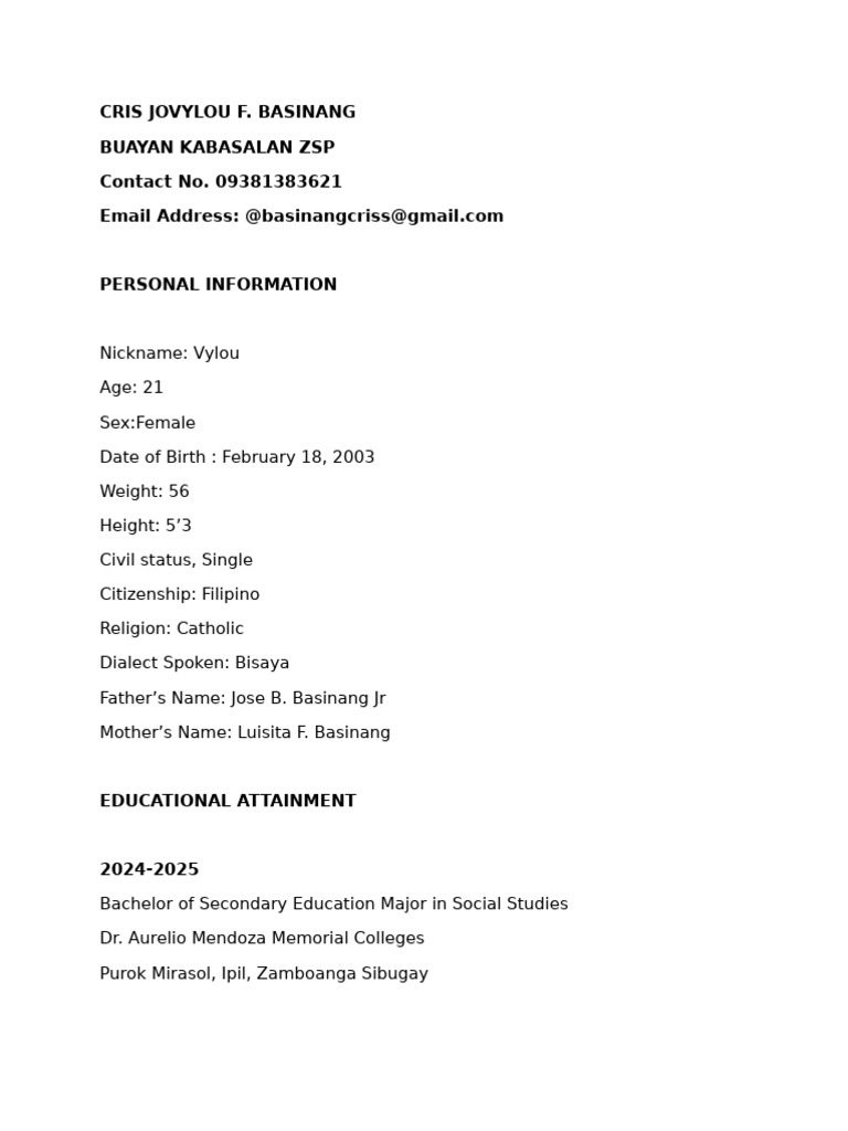 Personal Details Vylou | PDF