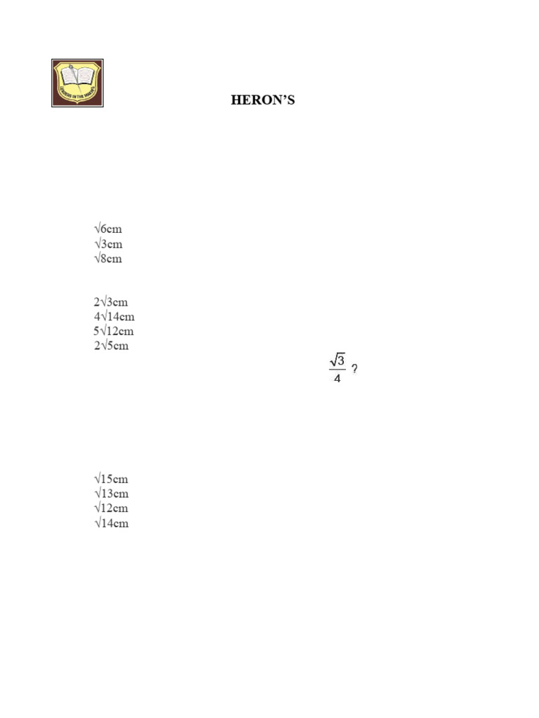 Grade 9 Heron's Formula Worksheet | PDF