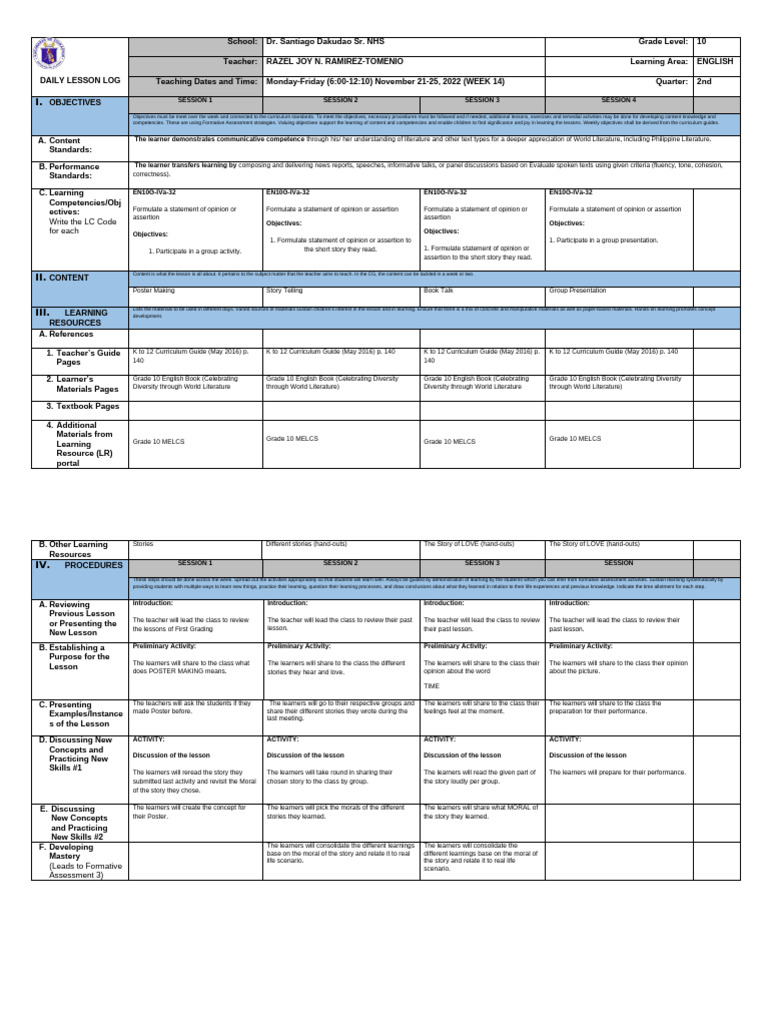 RAMIREZ DLL English10 W14.1 | PDF | Curriculum | Learning