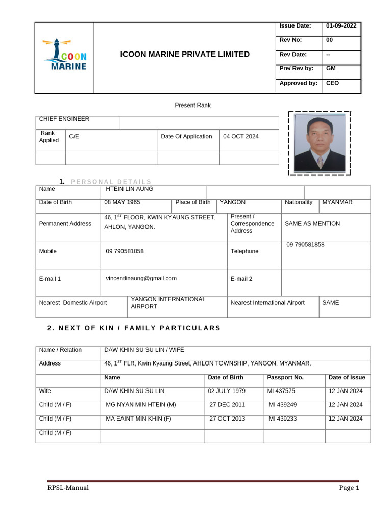 Chief Engineer Application Details | PDF