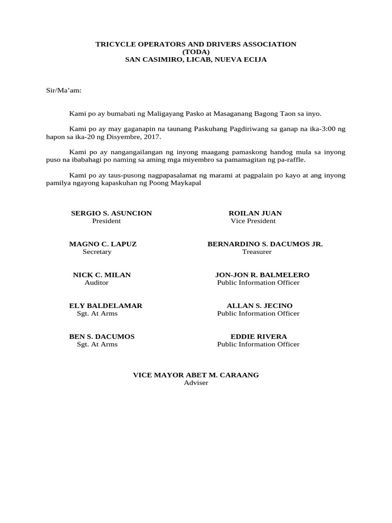 TRICYCLE OPERATORS AND DRIVERS ASSOCIATION Letter | PDF