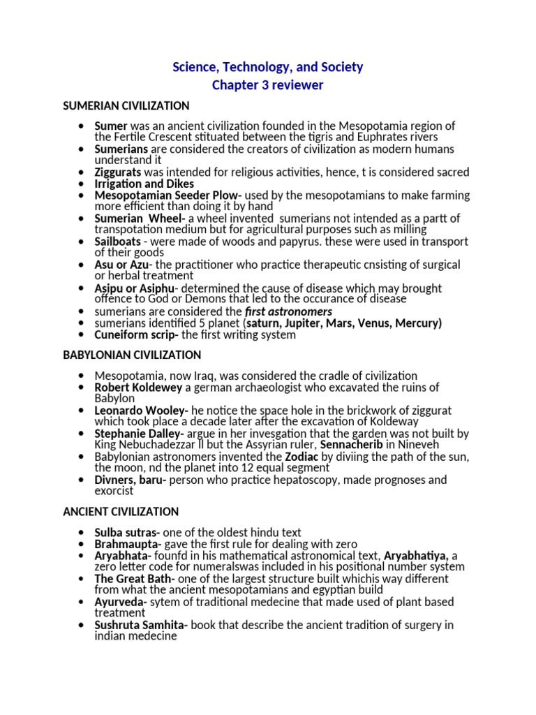 STS CHAPTER 3 REVIEWER | PDF | Mesopotamia | Sumer