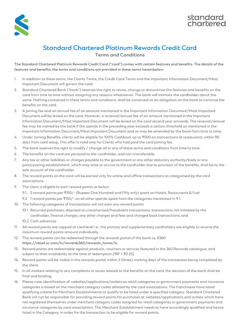 Standard Chartered Platinum Card Terms | PDF | Credit Card | Loyalty ...