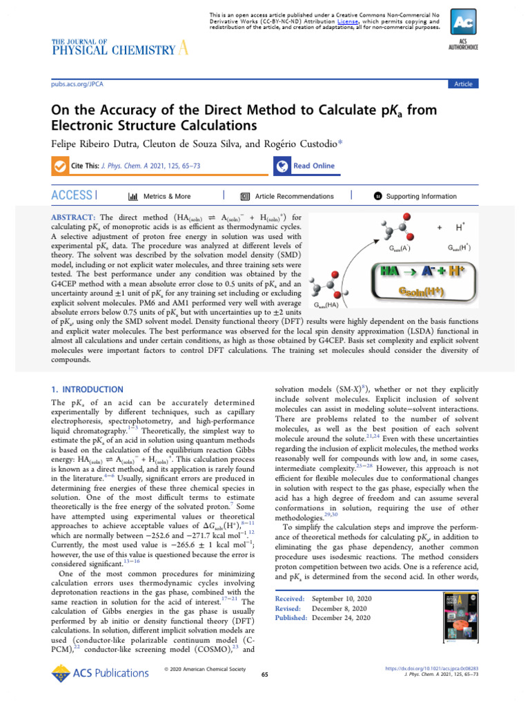 Dutra Et Al 2020 On The Accuracy of The Direct Method To Calculate Pka From Electronic Structure ...