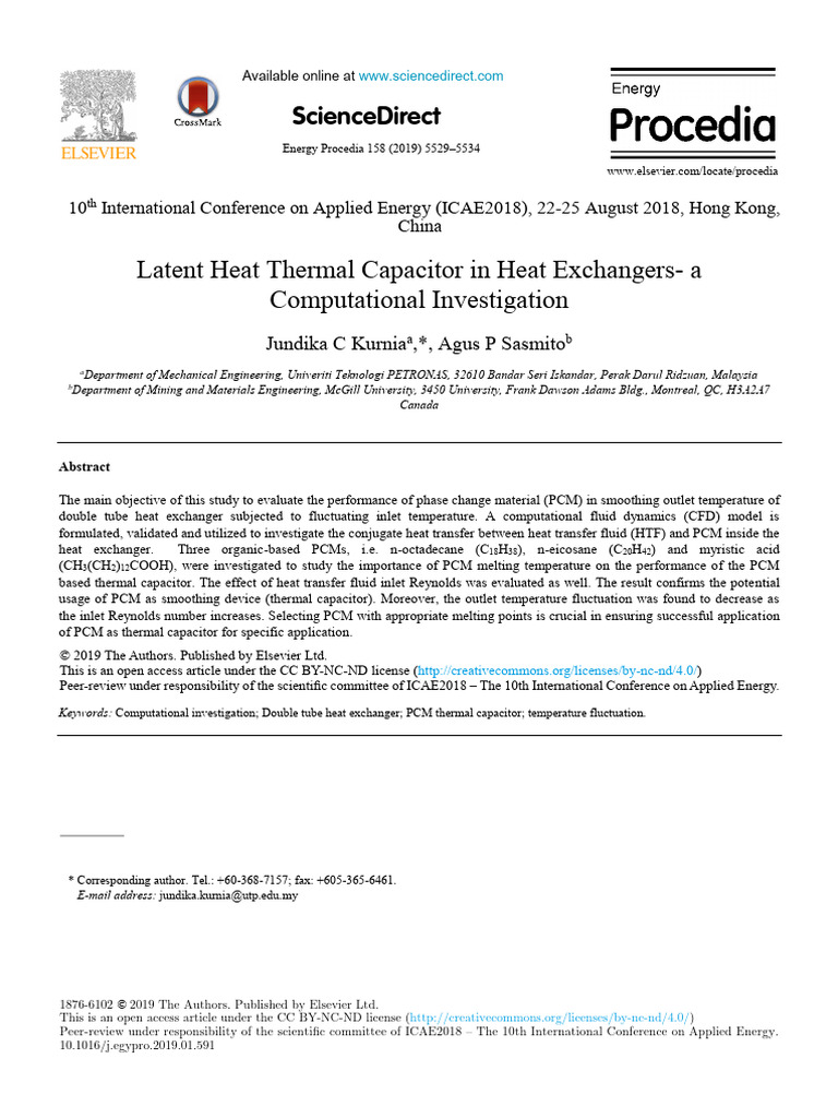Latent Heat Thermal Capacitor in Heat Exchangers - A Computational ...
