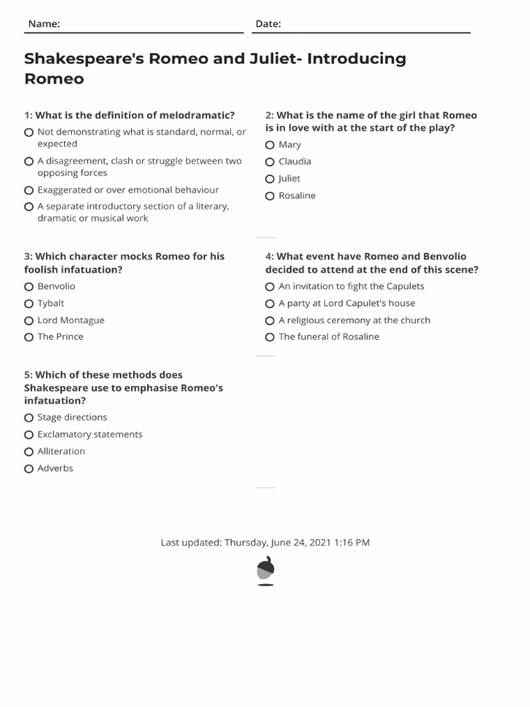 Romeo and Juliet Lesson 3 exit-quiz-questions | PDF