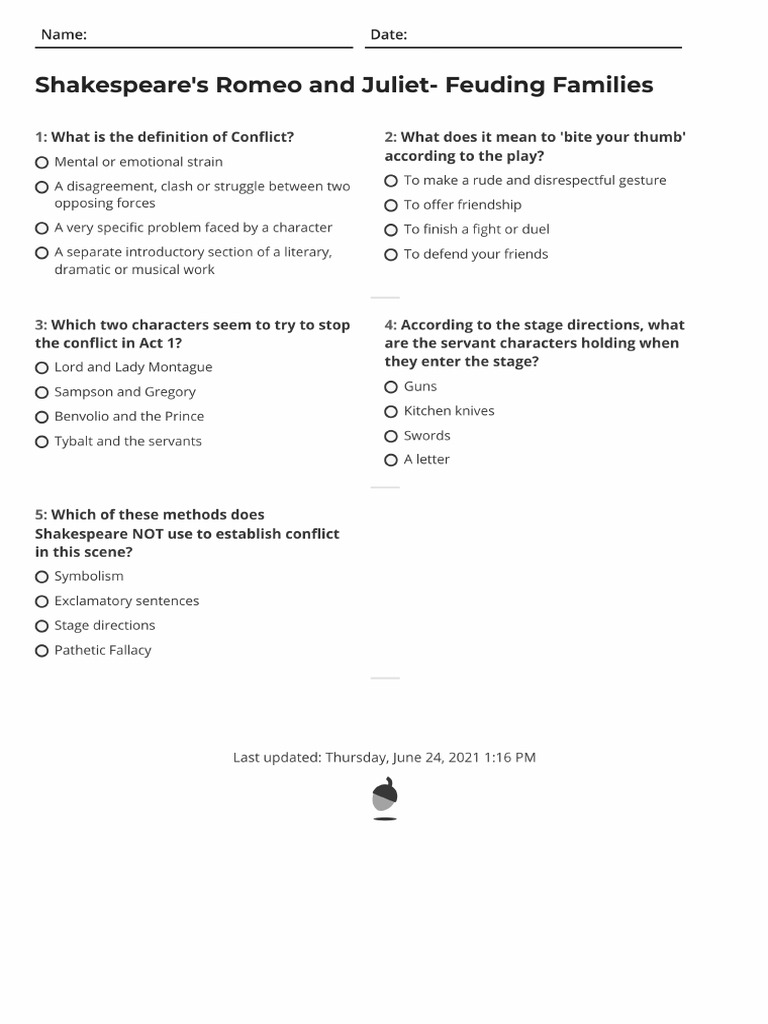 Romeo and Juliet Lesson 3 Intro-Quiz-Questions | PDF