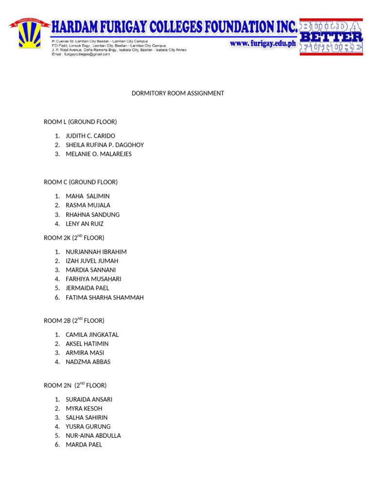 DORMITORY ROOM ASSIGNMENT | PDF
