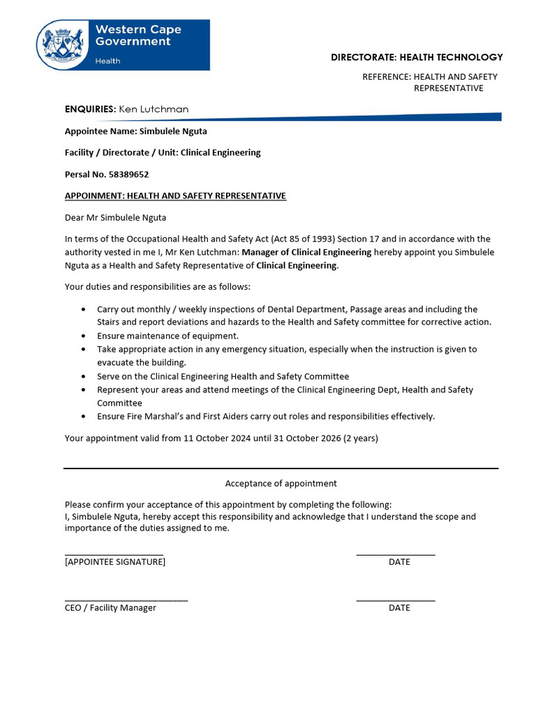 Health & Safety Rep Appointment 2024 | PDF