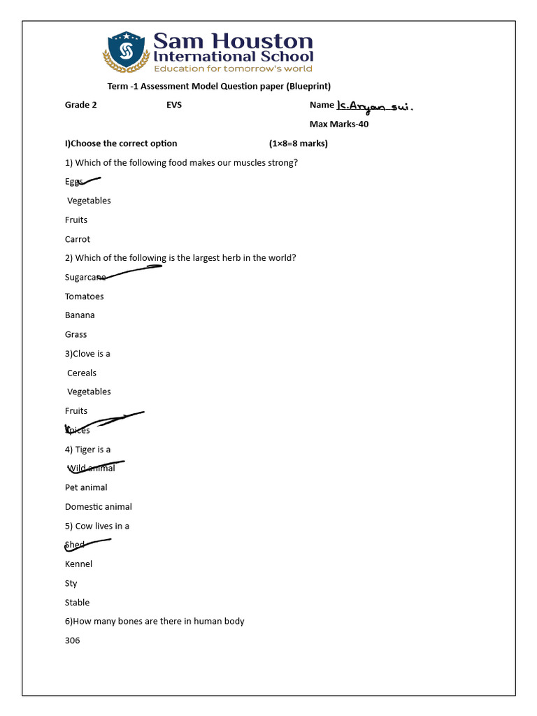 Grade 2 EVS Term - 1 Assessment Model Question Paper (Blueprint) | PDF ...