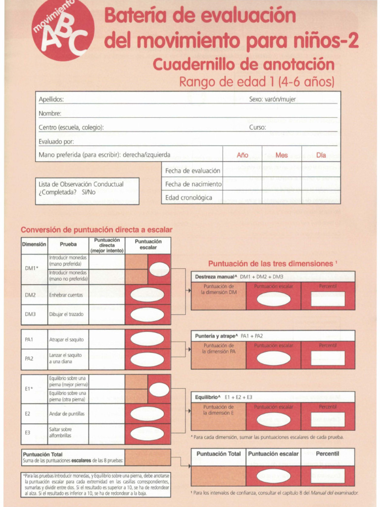 MABC 2. Cuadernillo de Anotación. Rango de Edad 1 4 6 Años | PDF
