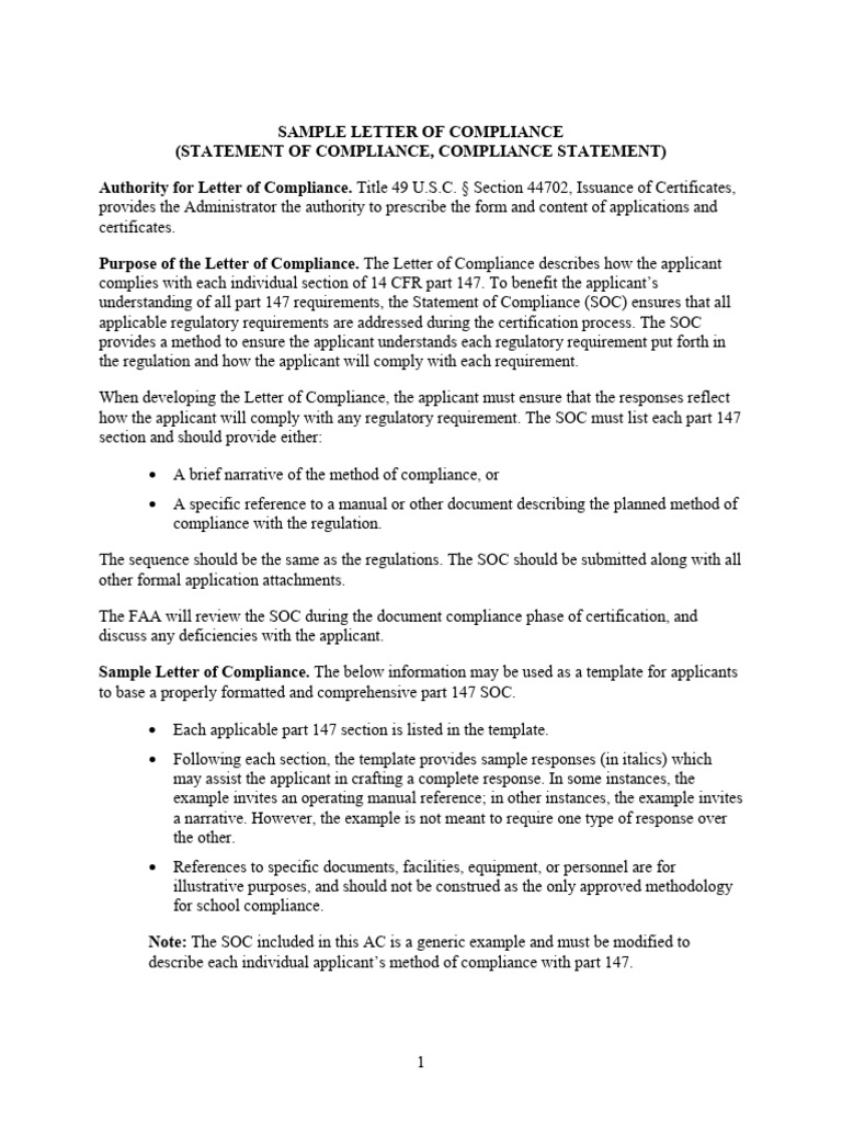 Sample Letter of Compliance | PDF | Regulatory Compliance | Federal ...