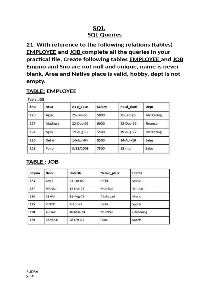 SQL Queries for Employee and Job Tables | PDF | Data Management | Databases