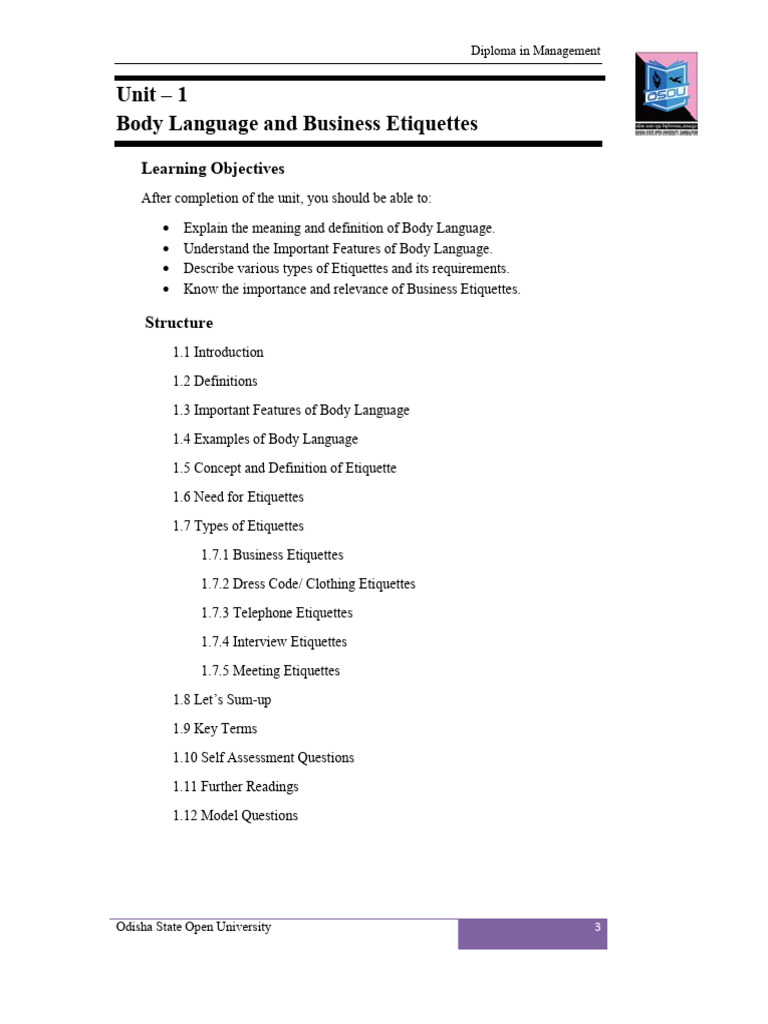 Body Language in Business Etiquette | PDF | Body Language | Nonverbal ...