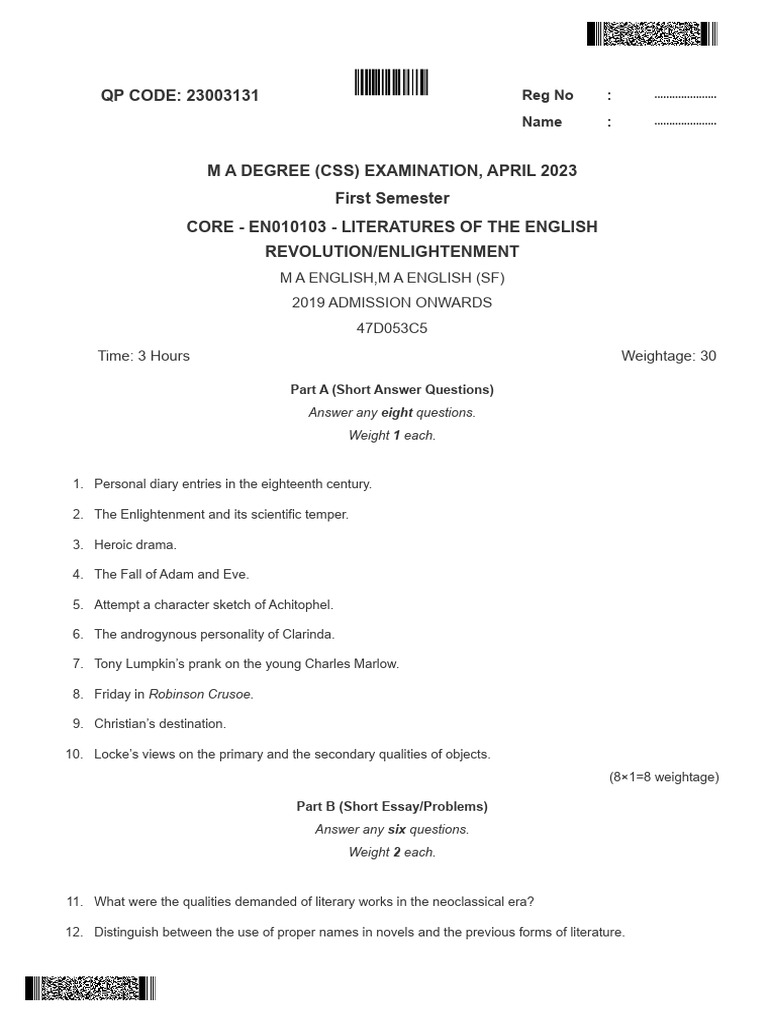 MA English Exam: Literature of Enlightenment | PDF