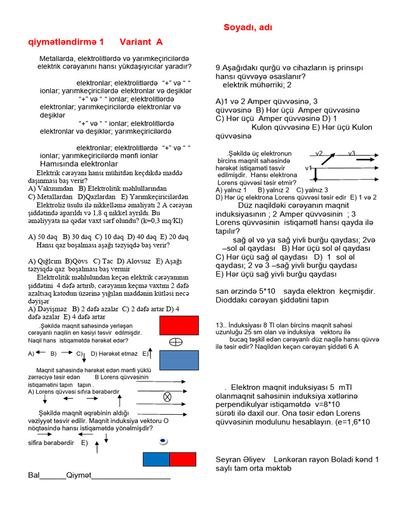 Fizika 9 BSQ 1 Variant A B Seyran Aliyev 1 Docx Versiya 1 1 | PDF