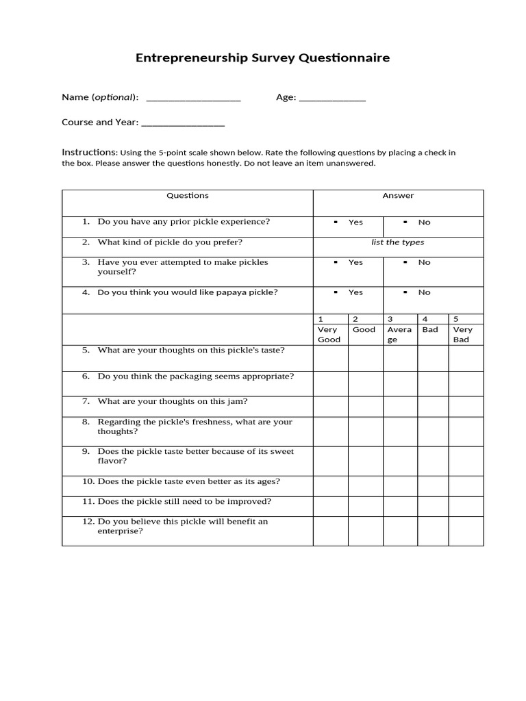Entrepreneurship Survey Questionnaire | PDF