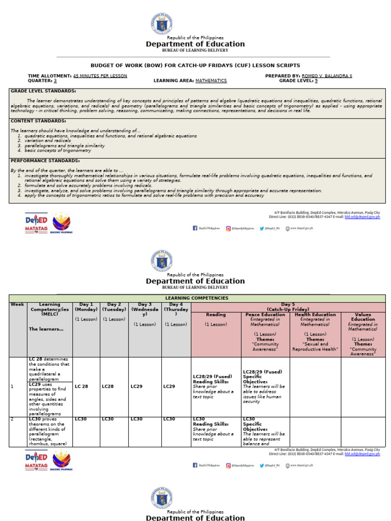 BOW FOR CUF-MATH 9 3rd Q | PDF | Equations | Trigonometry