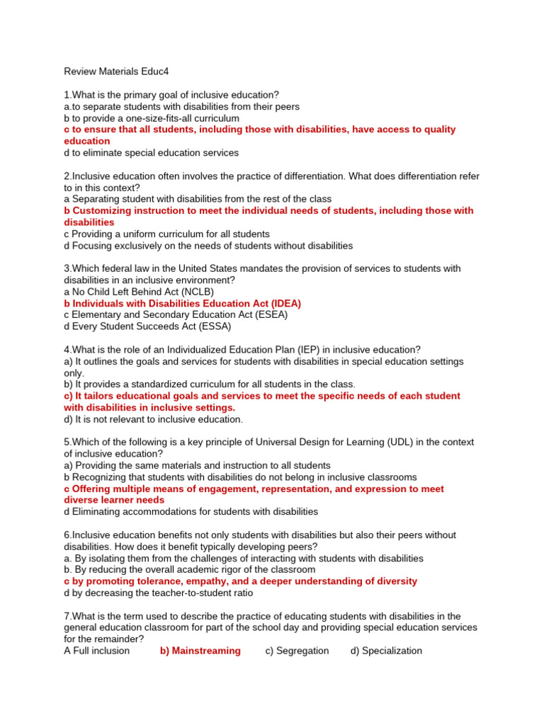 Review Materials Educ4 | PDF | Inclusion (Education) | Special Education