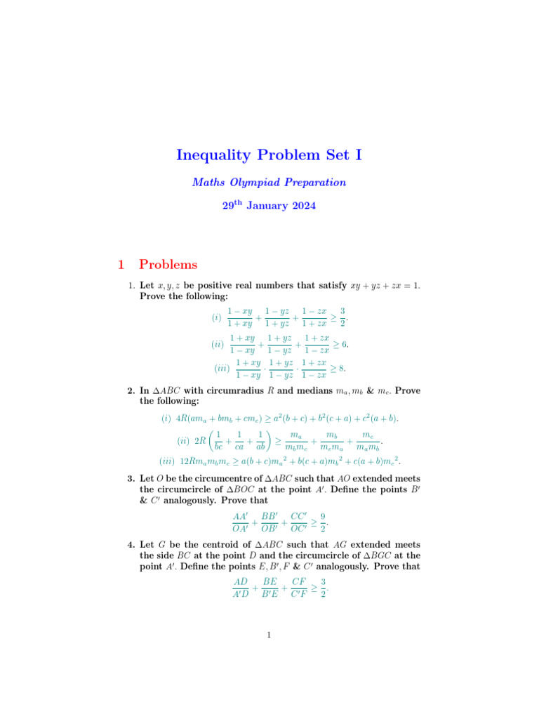 Inequalities - Problem Set - 1 | PDF | Mathematical Analysis | Trigonometry