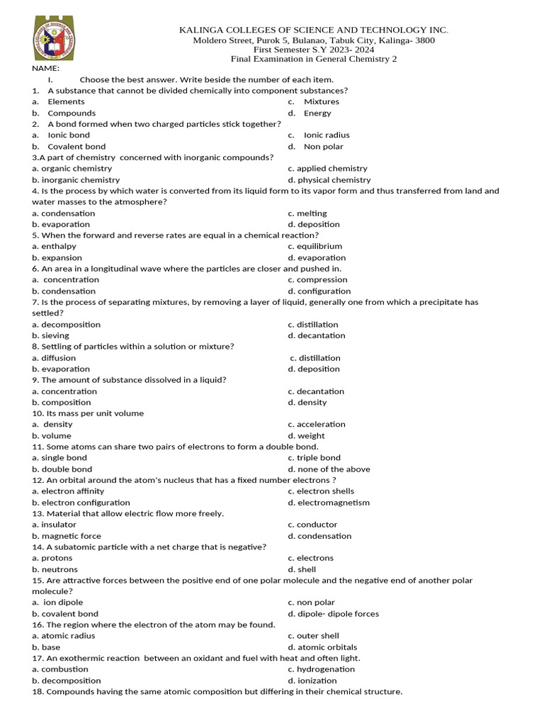 General Chemistry 2 Final Exam | PDF | Chemical Bond | Chemical Polarity