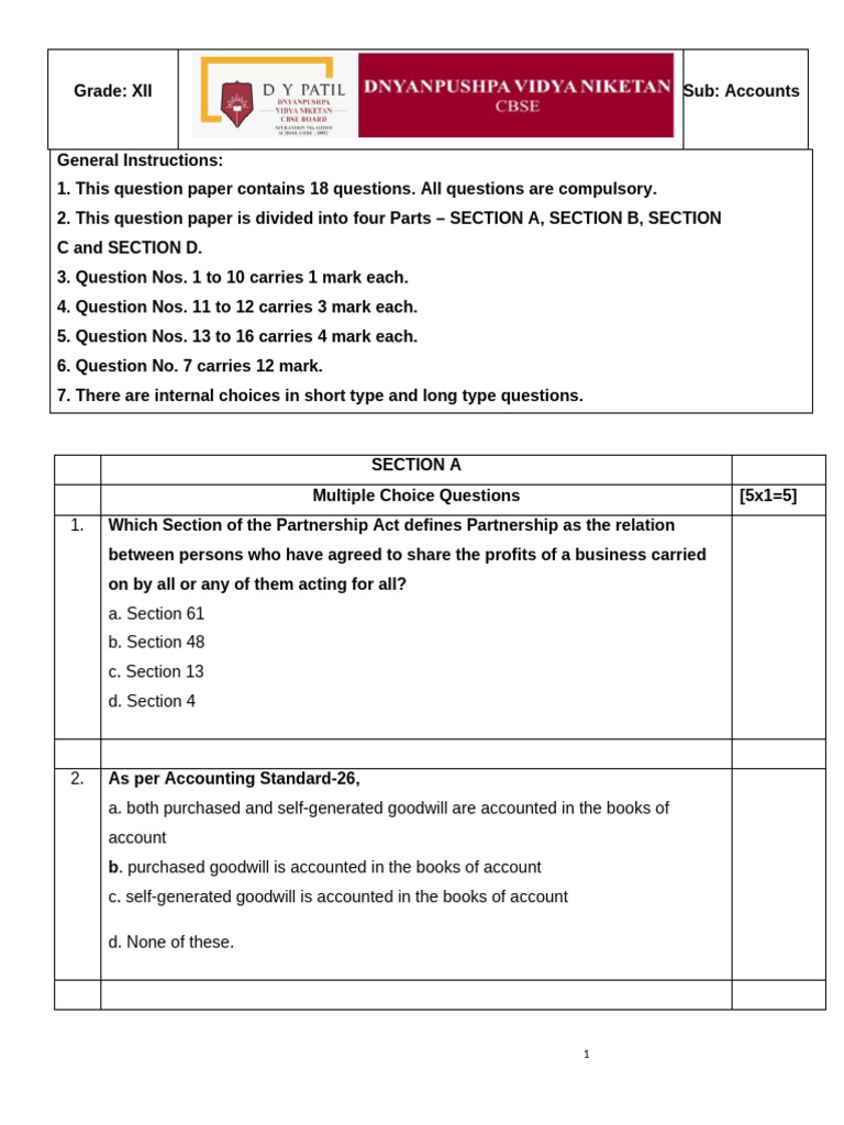 Class 12 Accounts Question Paper | PDF | Book Value | Partnership