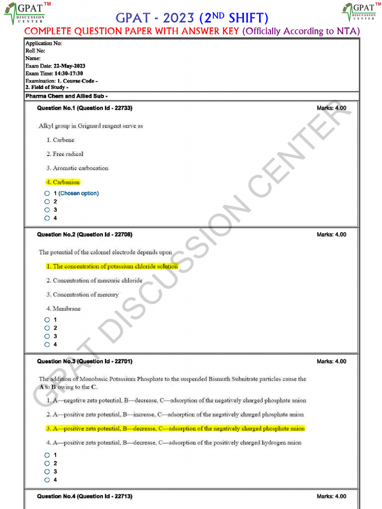 GPAT 2023 Question Paper & Answers | PDF | Solubility | Solvation