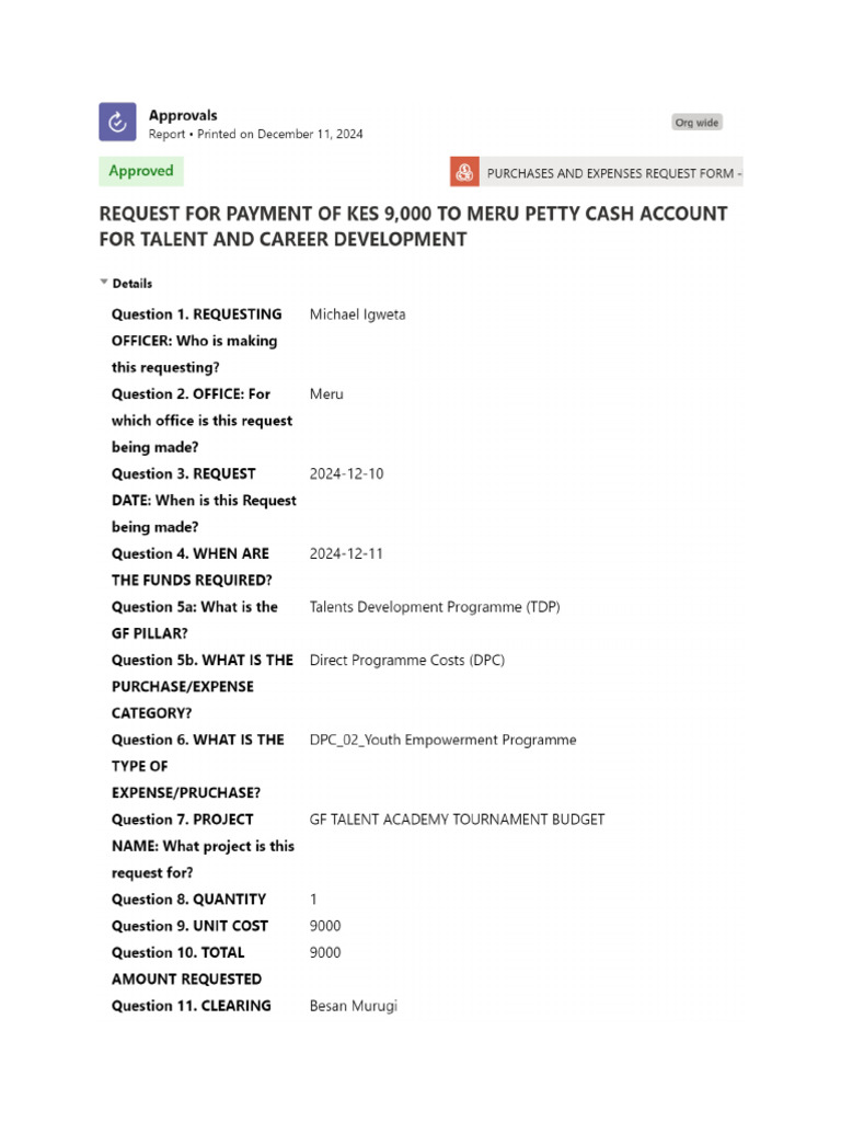 Request For Payment of Kes 9,000 To Meru Petty Cash Account For Talent and Career Development | PDF