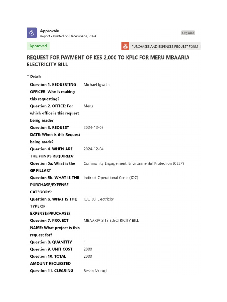 Request For Payment of Kes 2,000 To KPLC For Meru Mbaaria Electricity Bill | PDF