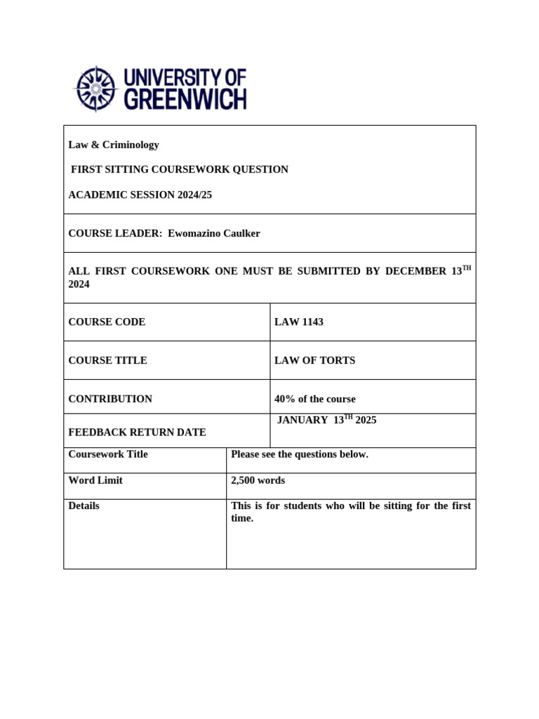 Law of Torts Coursework Guidelines 2024 | PDF | Justice | Crime & Violence
