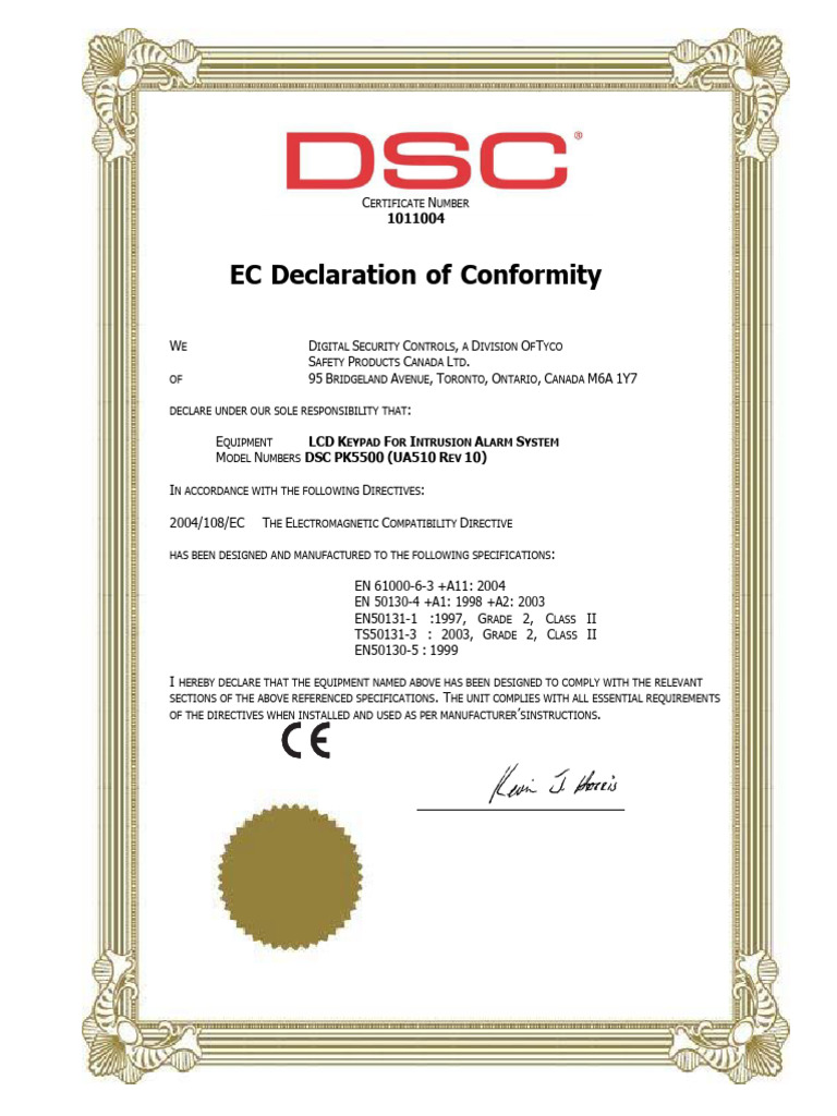 EC Declaration: DSC PK5500 Compliance | PDF