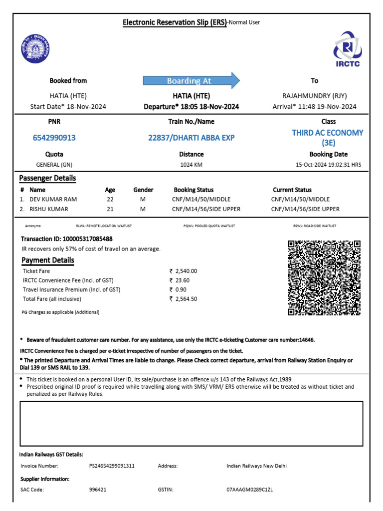 Electronic Reservation Slip for Train Travel | PDF | Identity Document ...