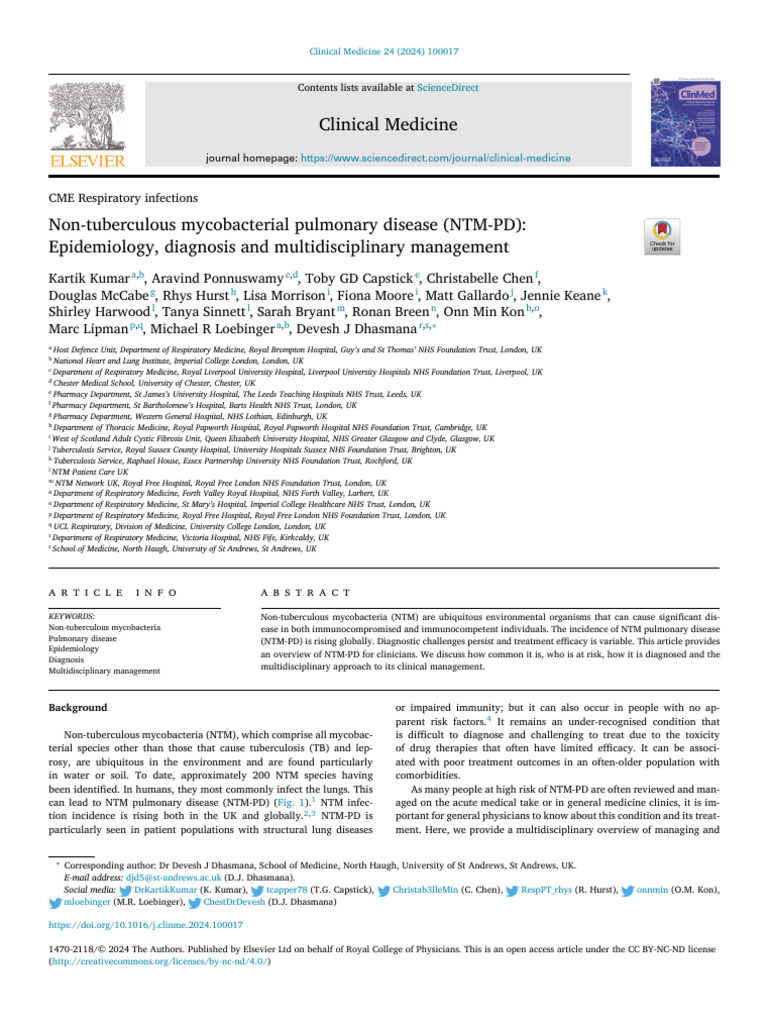 Non-tuberculous Mycobacterial Pulmonary Disease (NTM-PD) - Epidemiology, Diagnosis and ...