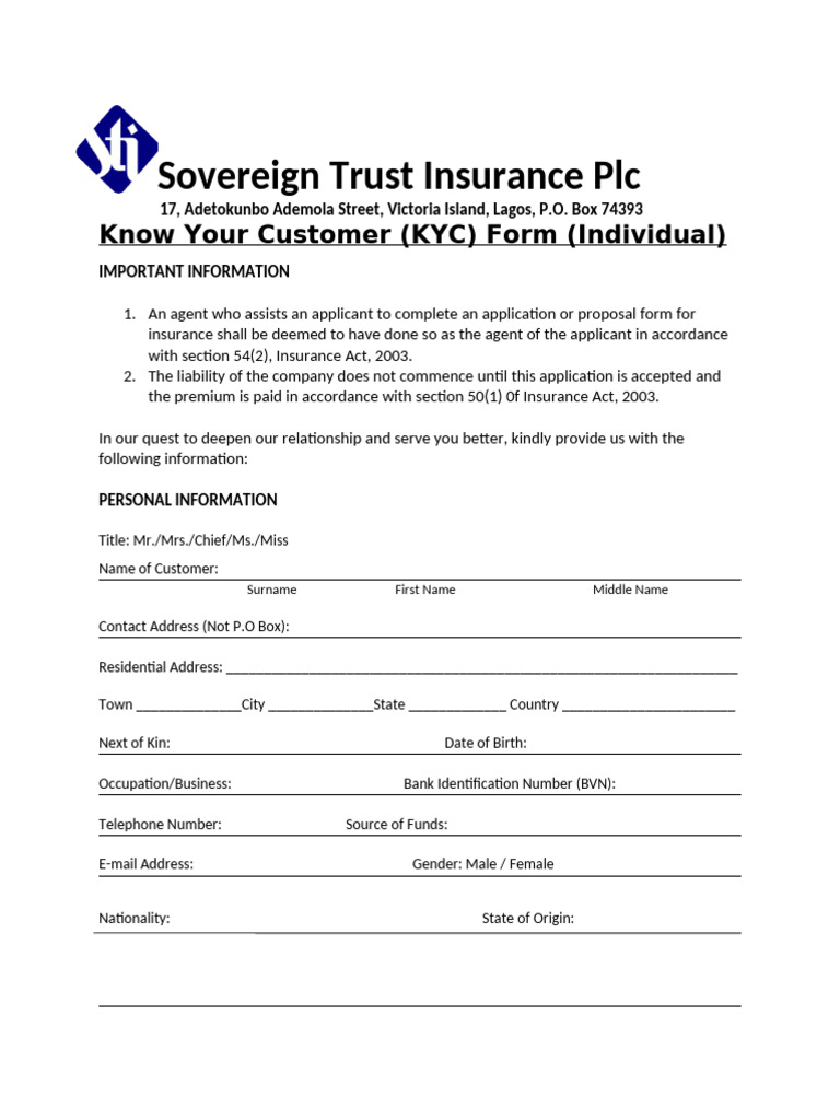 KYC Form (Individual) (1) | PDF | Identity Document | Insurance