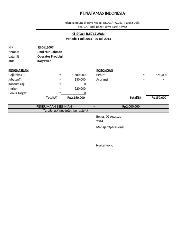 Contoh Slip Gaji Karyawan Format Ms Excel - Compress | PDF