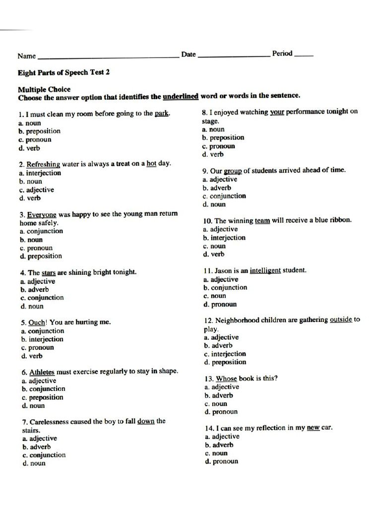 Operational mechanics of 8 PARTS OF SPEECH TEST WITH ANSWERS PDF GRADE 7