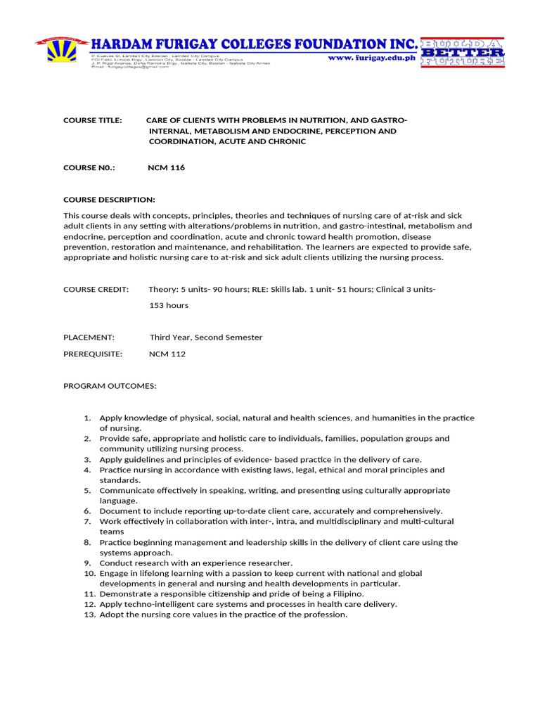 NCM 116 Syllabus | PDF | Nursing | Health Care